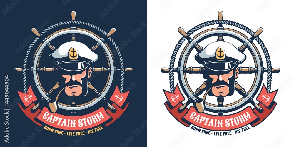 Vintage seafarer emblem. Captain seaman head with ship helm - retro ...