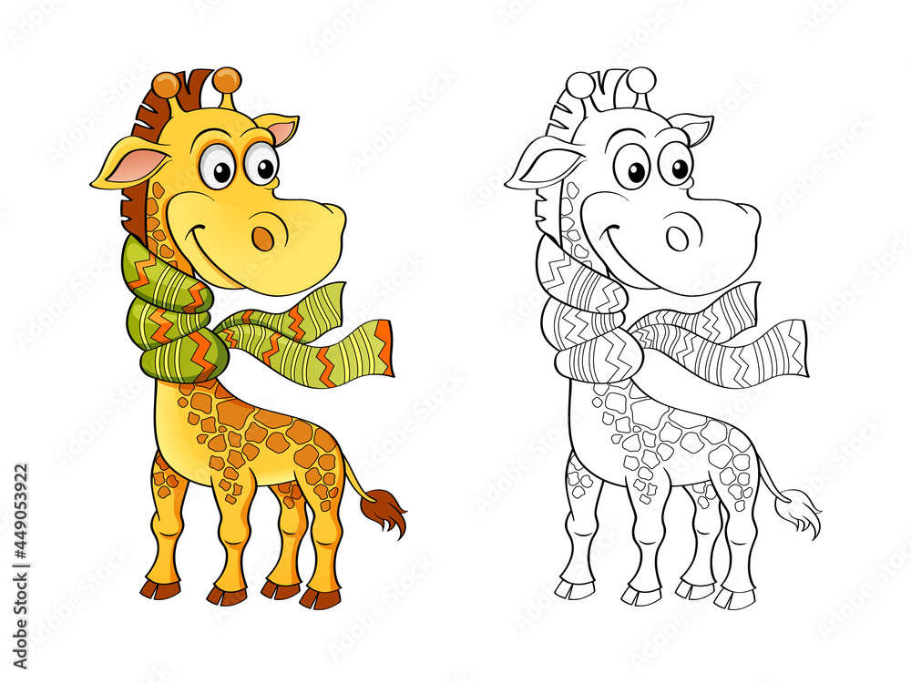 Giraffe with scarf. Color and black white vector illustration for ...