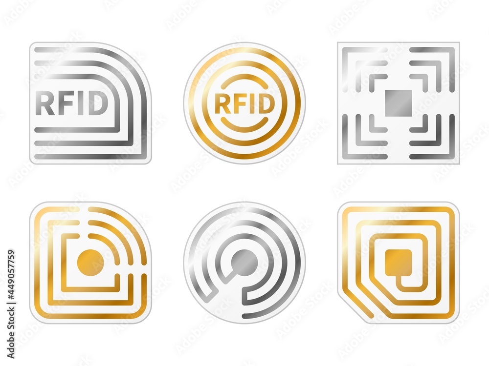 RFID tags. Golden, silver radio chips icons. Metallic identification ...