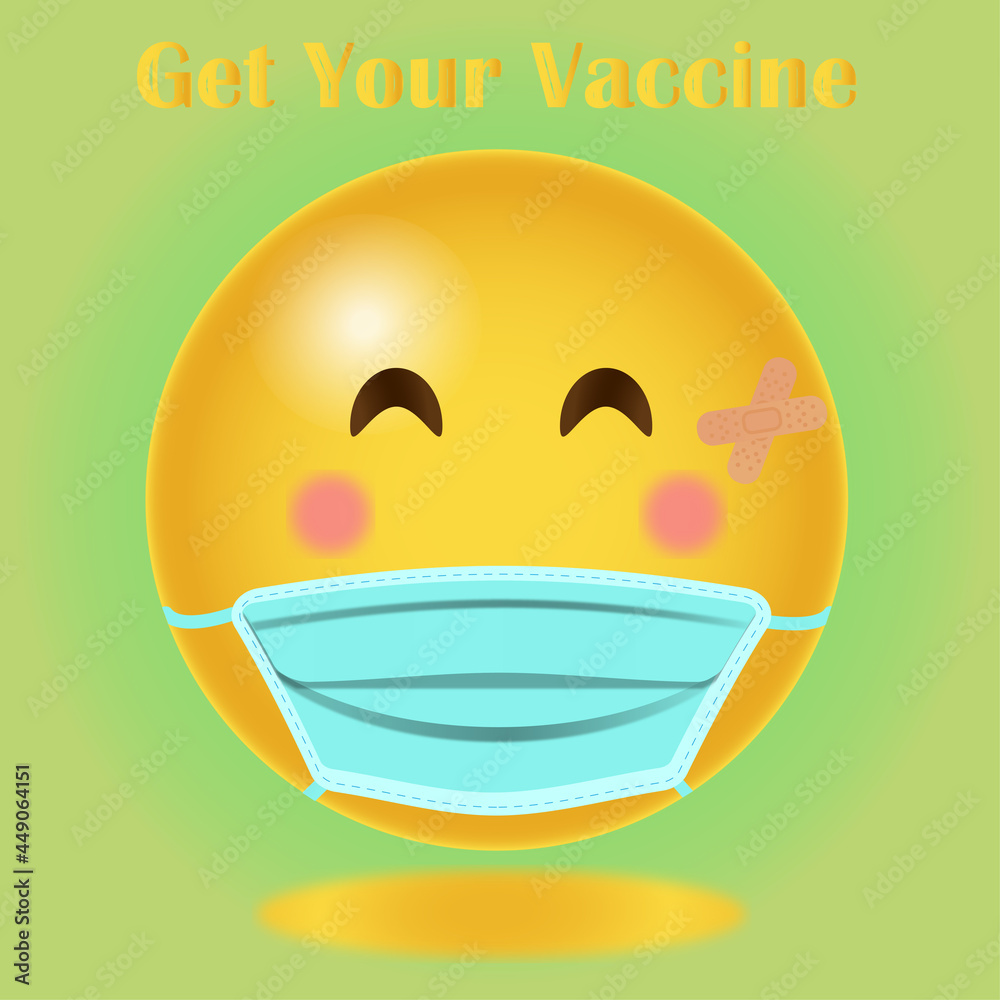 Get Vaccinate. Vaccination. Covid - 19 vaccine. Yellow Emoji wit mask ...