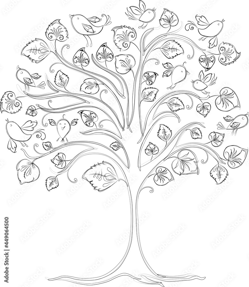 Contour drawing of fantasy tree with decorative leaves and birds Stock ...
