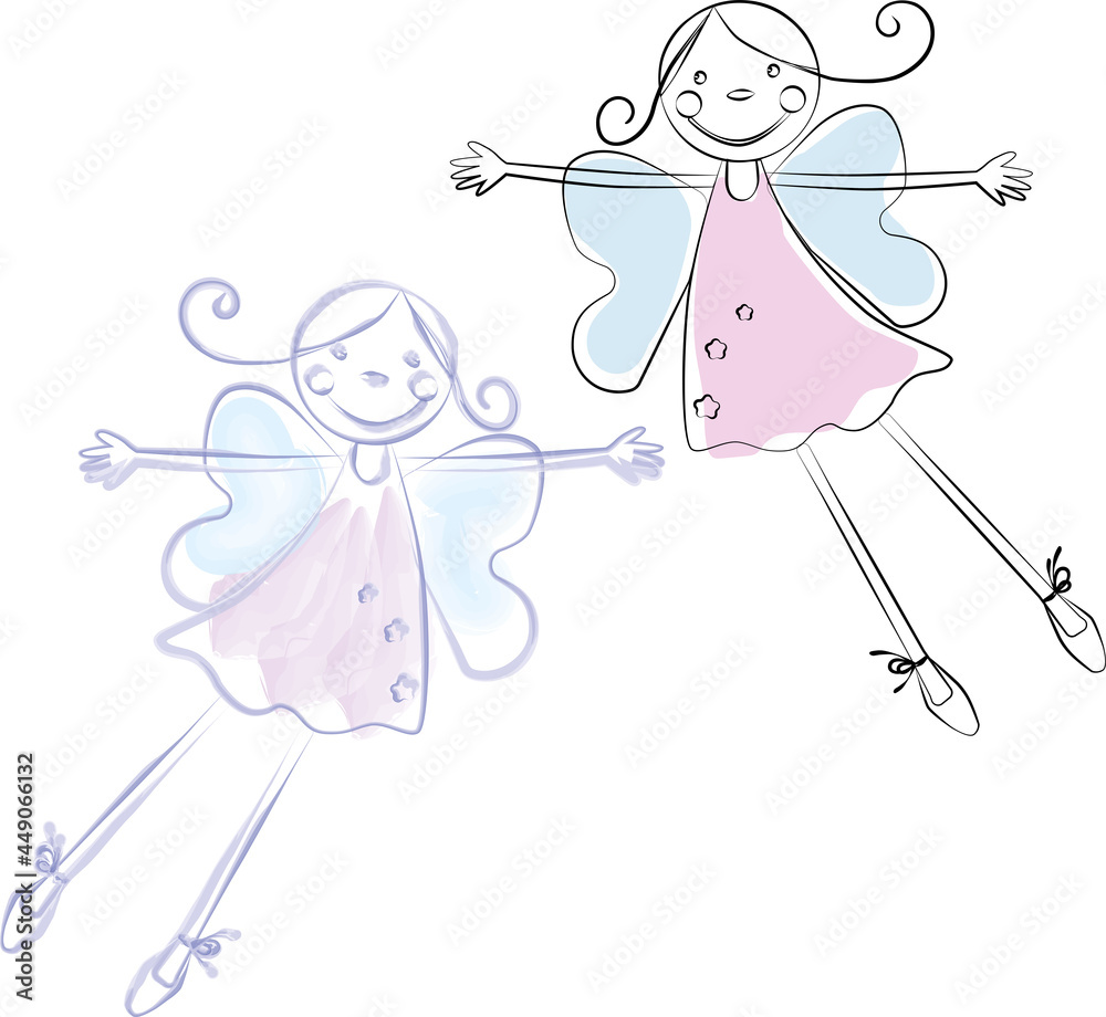 Vector outline drawings of flying cheerful cartoon elf girl Stock ...