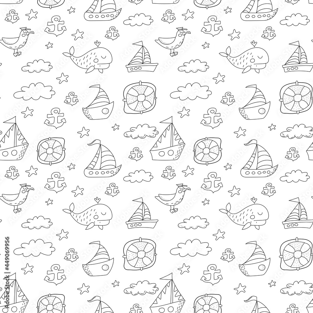 Cute marine seamless pattern on a white background.Ship, yacht ...