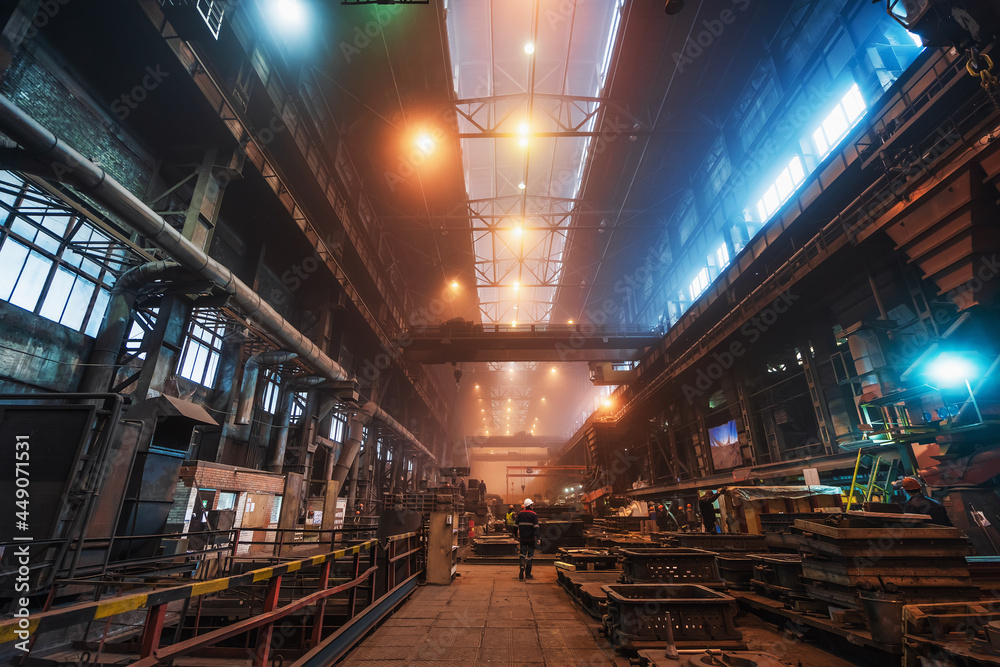 Metallurgical plant production. Factory workshop industrial interior ...