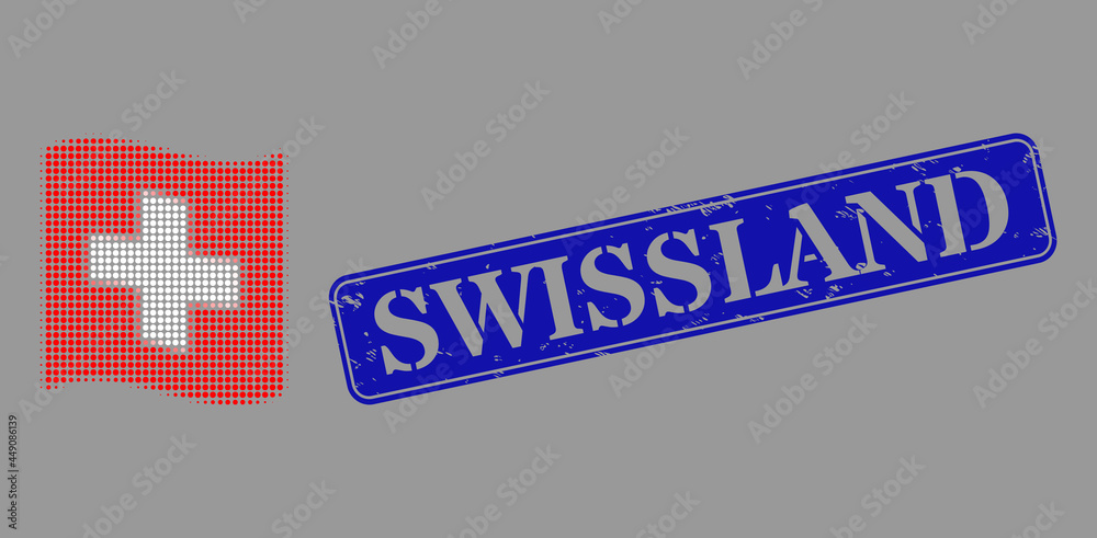 Vetor de Dot halftone waving Swiss flag icon, and Swissland scratched ...