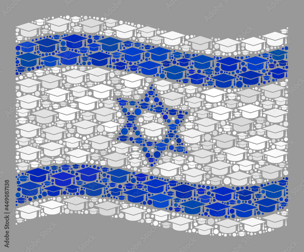 Mosaic waving Israel flag constructed with student cap elements ...