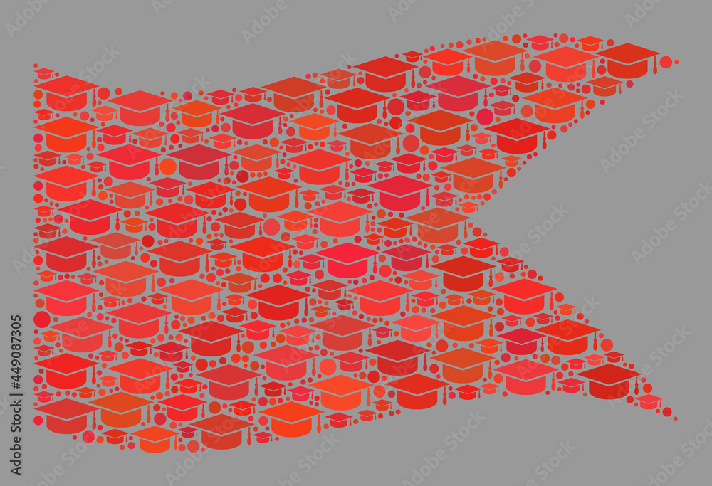Mosaic waving red guidon flag designed with student cap items. School ... Mosaic waving red guidon flag designed with student cap items. School ...
