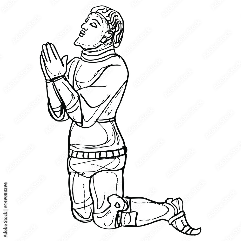 Praying kneeling medieval knight. Man wearing armor. Hand drawn linear ...