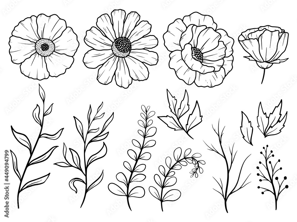 Hand drawn flower sketch line art illustration set. Stock Vector ...