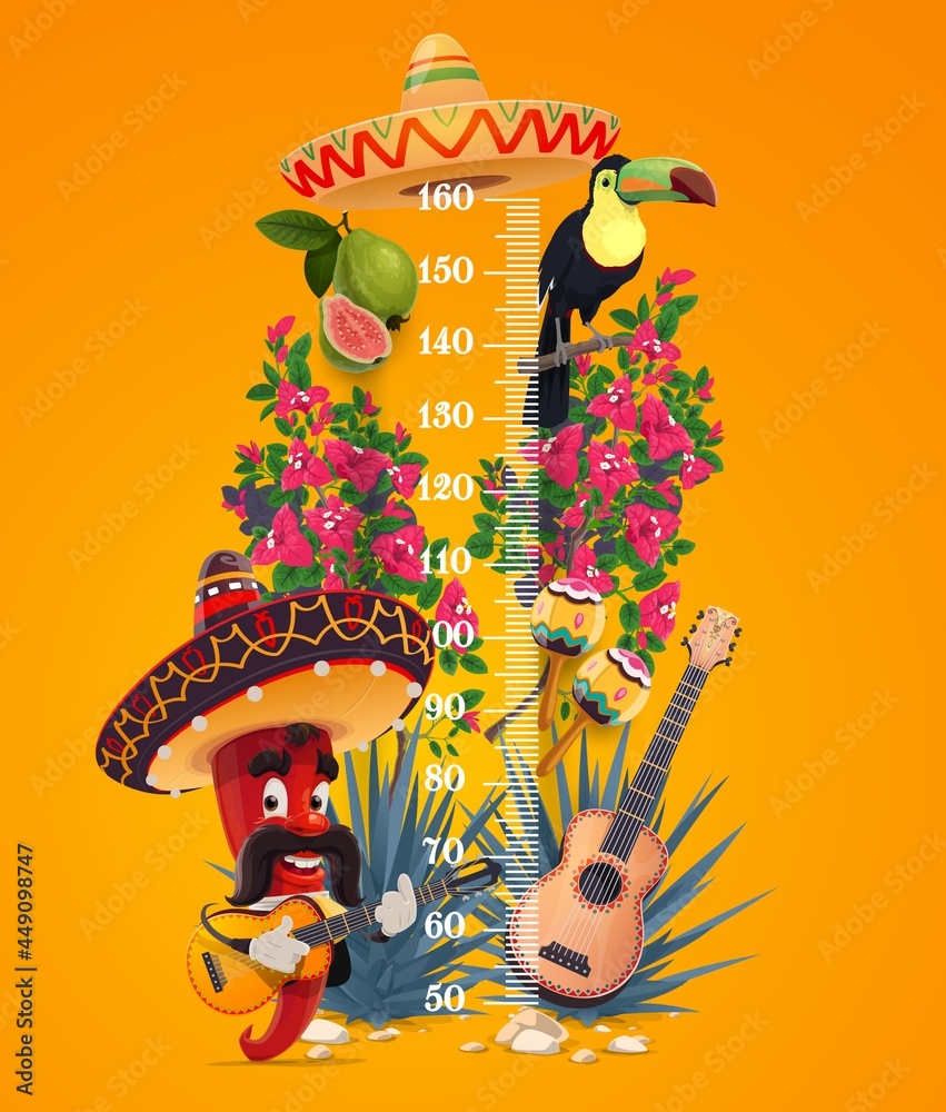 Kids height chart, mexican chili pepper growth meter with cartoon ...