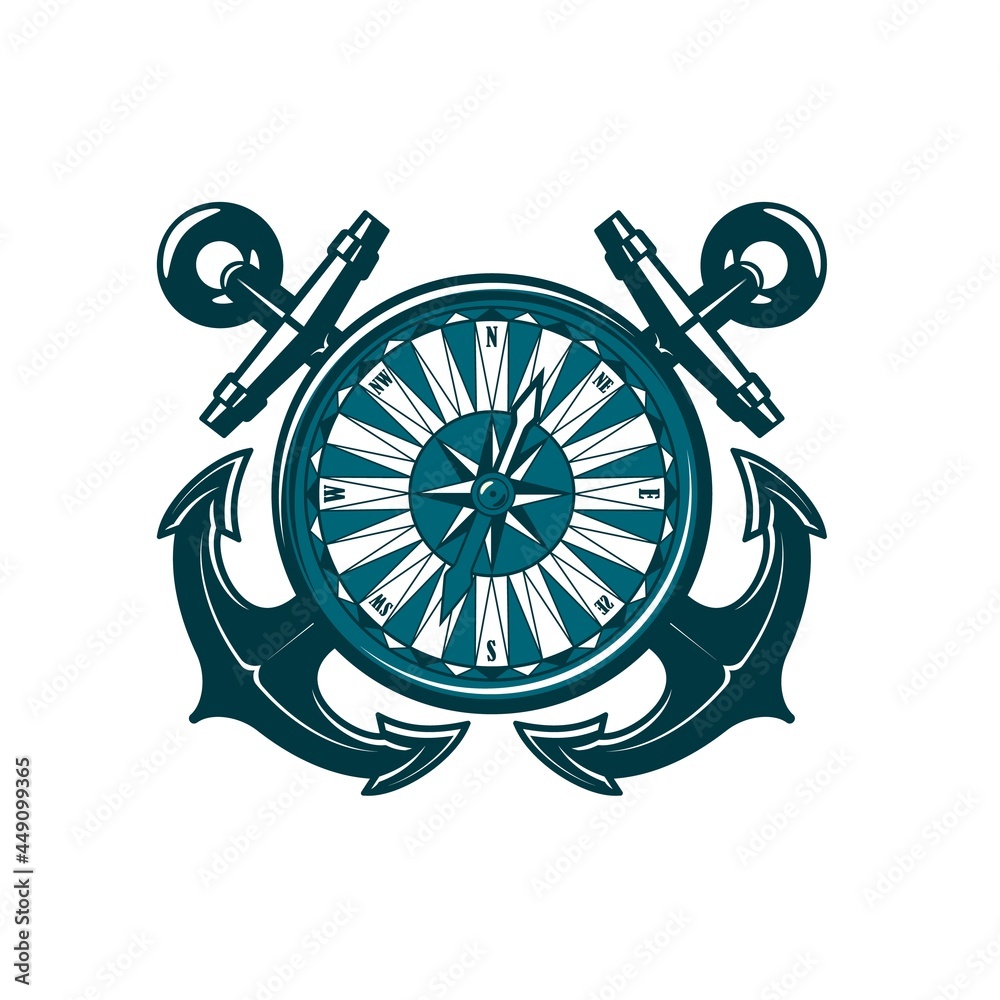Heraldic icon with crossed anchors and compass, vector nautical ...