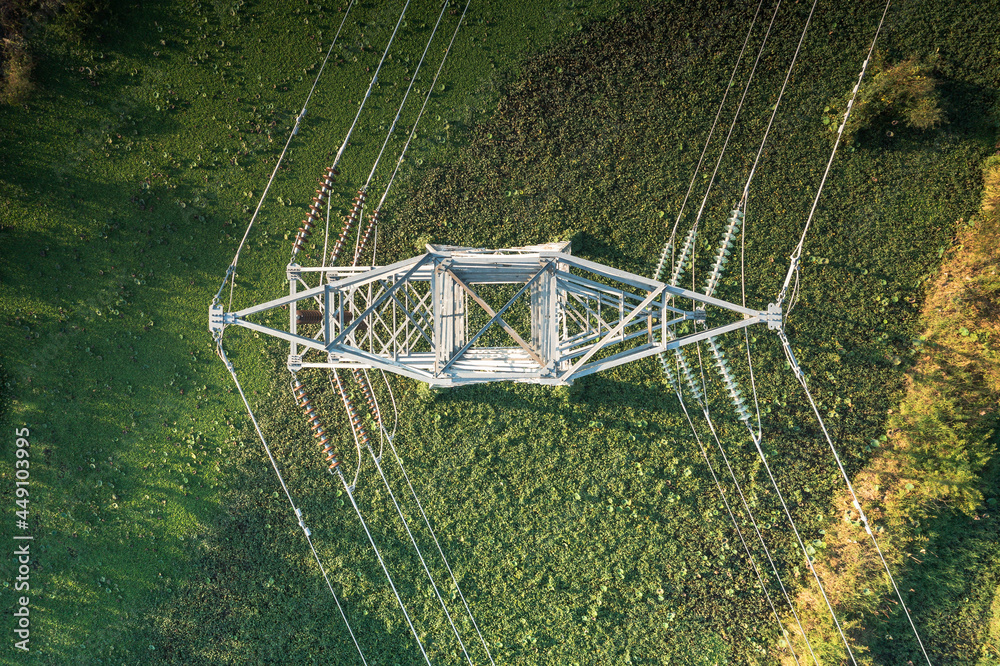 Transmission tower or pylon in top view. That substation, utility ...