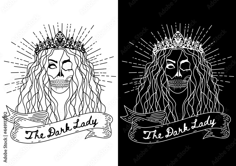Vector hand drawn portrait of the dark lady. Ornamental Patterned page ...