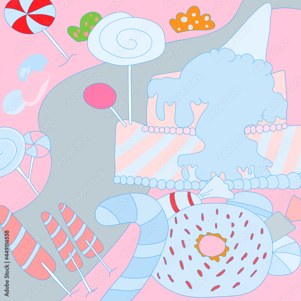candy land vector containing various kinds of candies, donuts and cakes ...