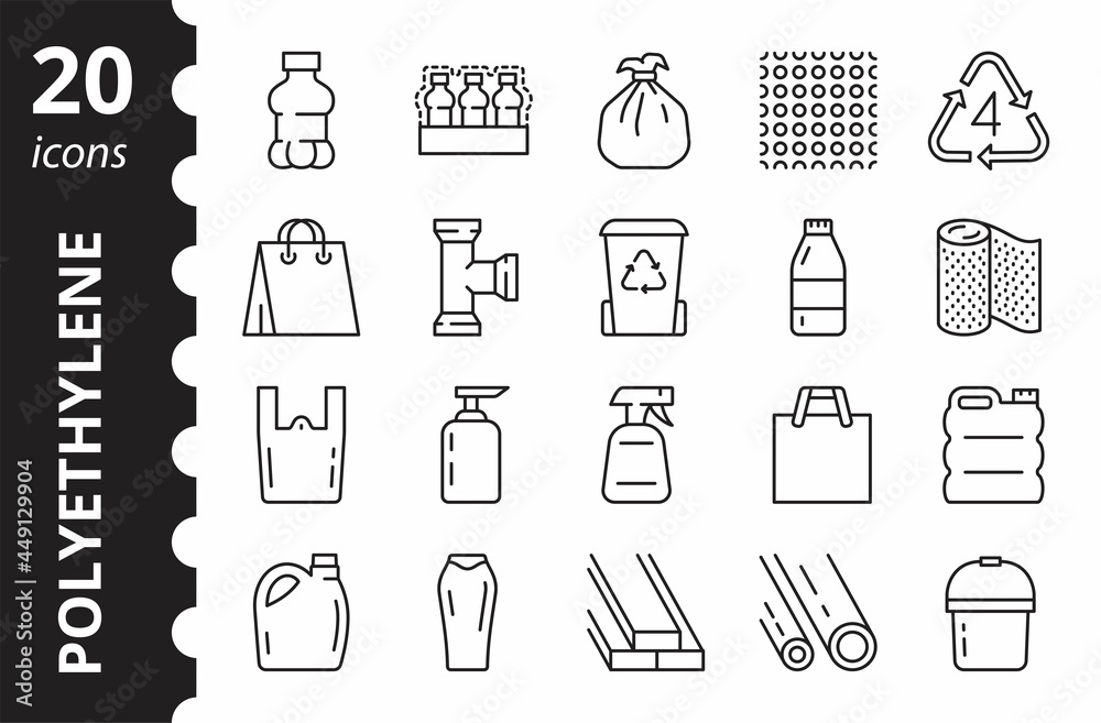 Low density polyethylene - linear icons set. LDPE products - food ...