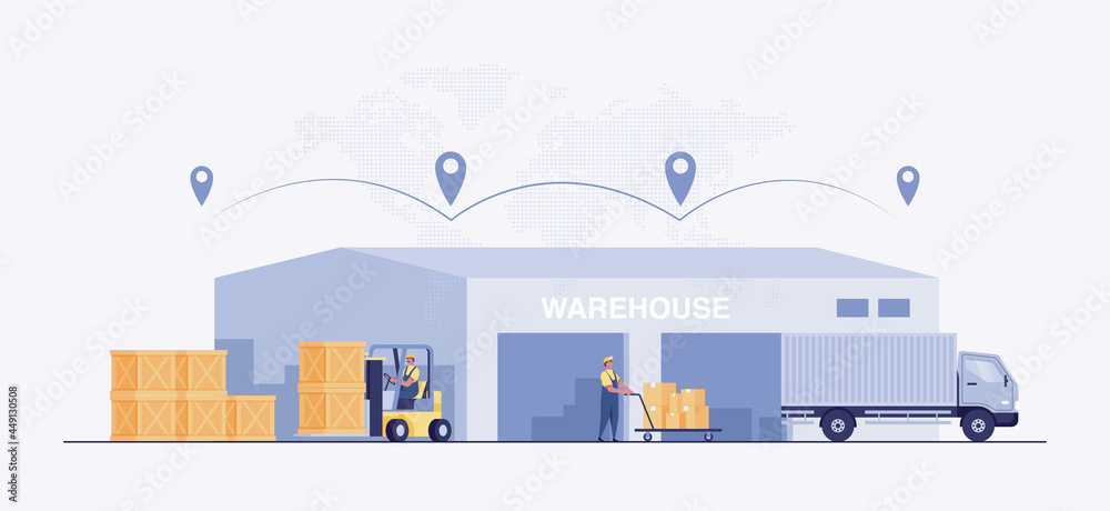 Warehouse industry with storage buildings, forklift, truck and rack with boxes. Warehouse ...