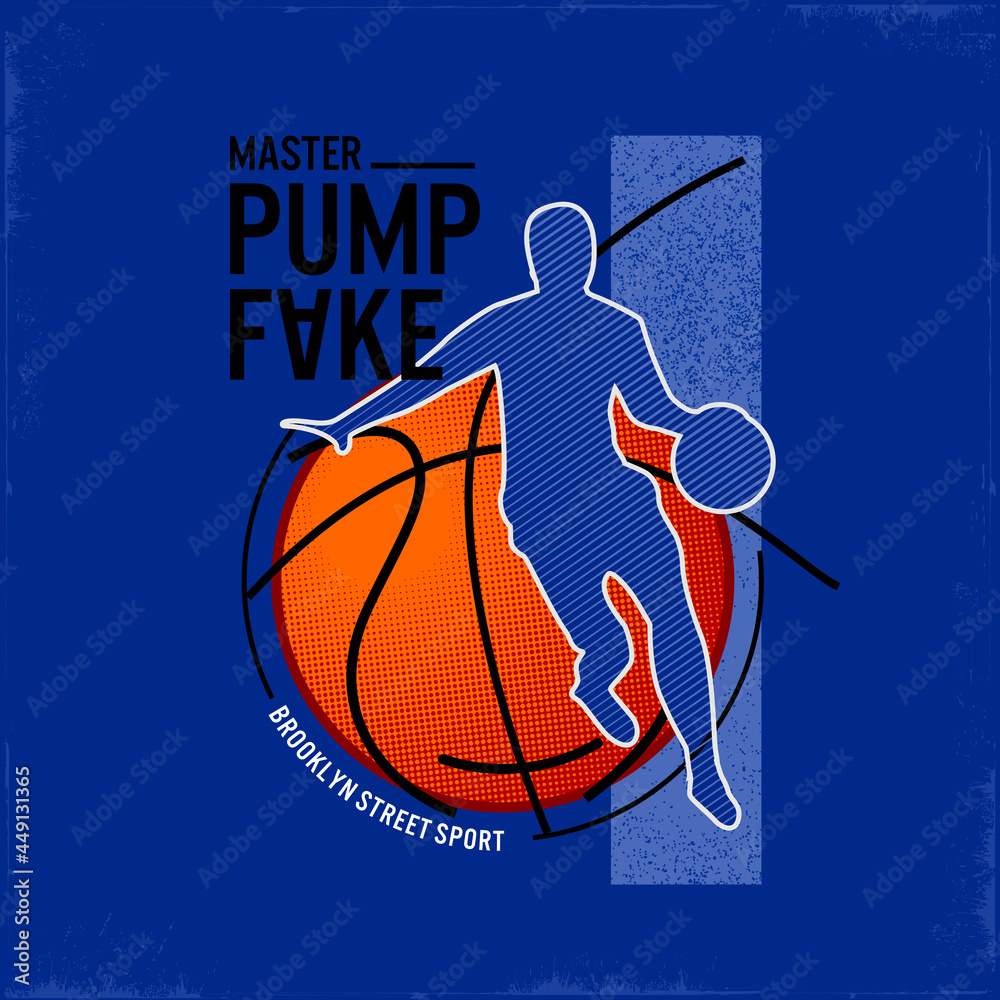 master pump fake slogan print design with basketball player drawing ...