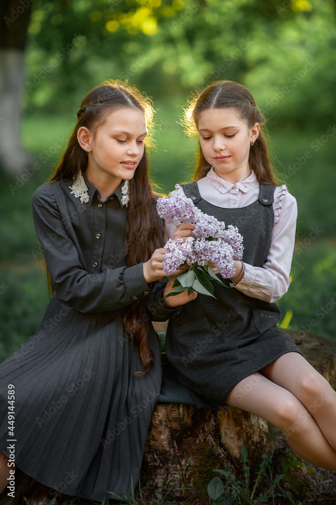 Two schoolgirls in school uniforms are sitting on the street with lilac ...