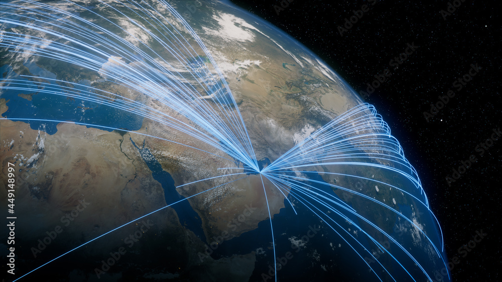 Earth in Space. Blue Lines connect Abu Dhabi, UAE with Cities across ...