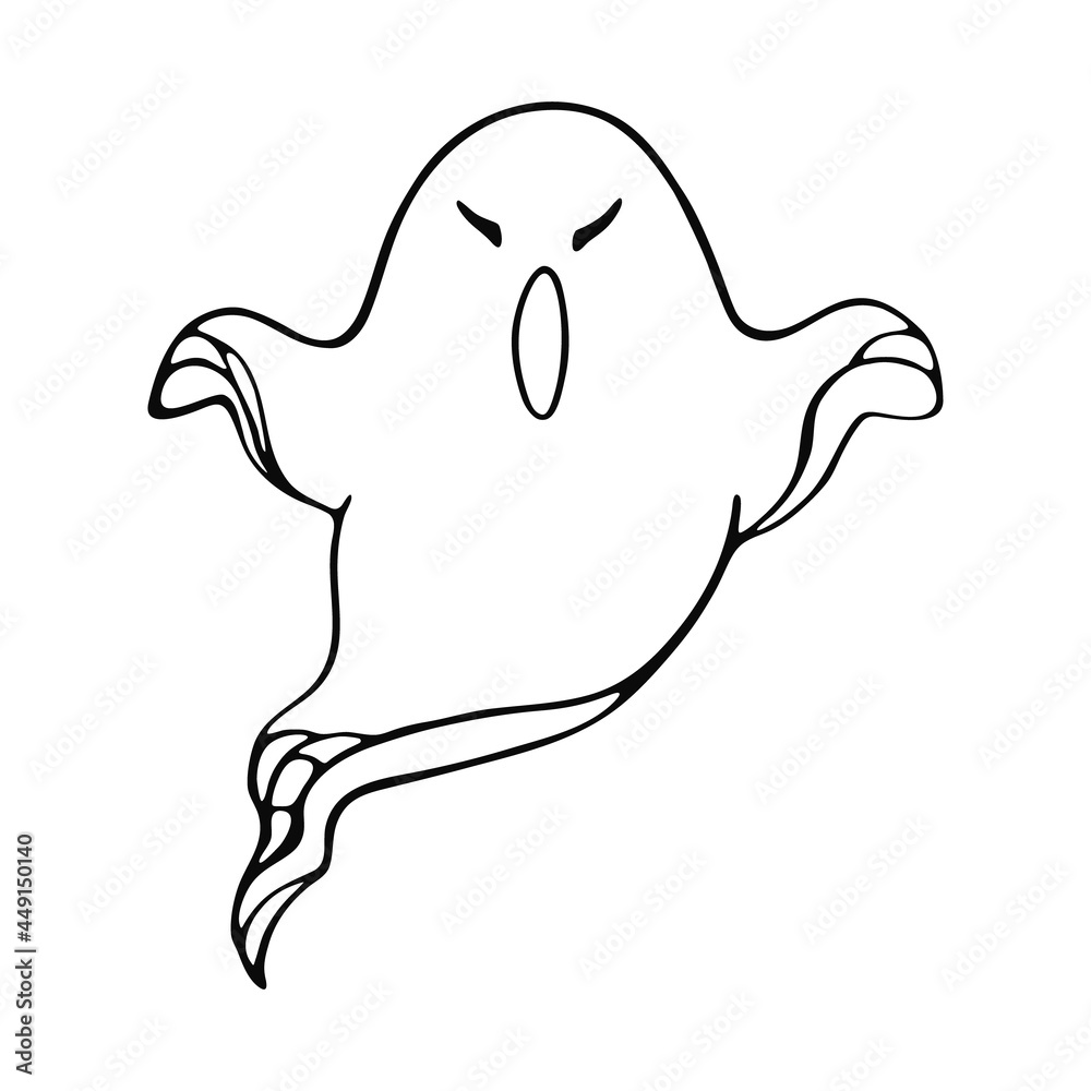 Halloween Ghost. Black and white doodle linear sketch. Vector ...