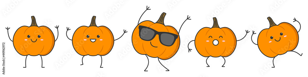 Set pumpkins character cartoon dancing smiling face vegetable gourd ...