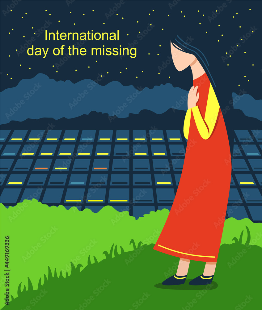International day of the missing. A sad girl stands on a hill, looking ...