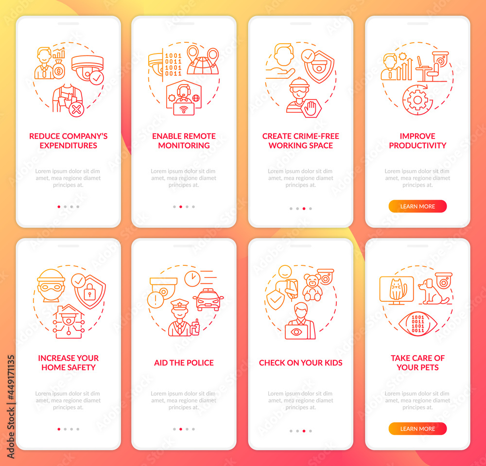 Security cameras benefit onboarding mobile app page screen ...