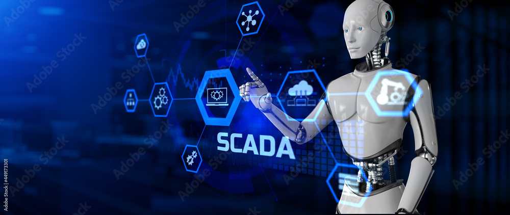 SCADA Supervisory control and data acquisition. Robot pressing button ...