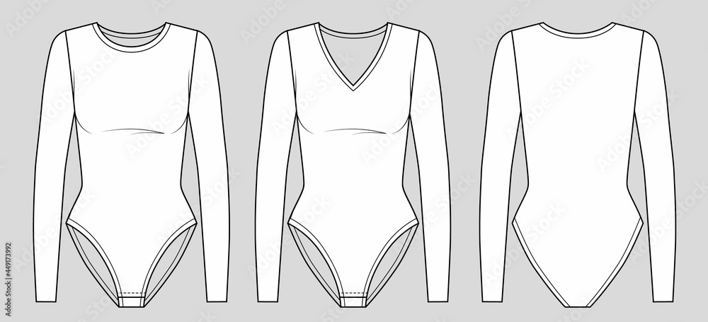 technical drawing fashion of women bodysuit with long sleeve, round ...