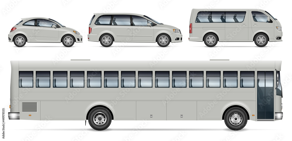 City transport mockup – bus, minivan and car, view from side. Vector ...