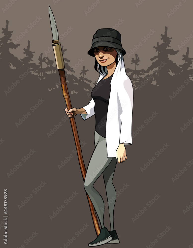 cartoon modern woman stalker standing with spear in hand in forest ...