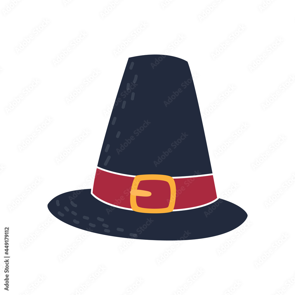 Traditional pilgrim headdress. Tall hat with belt and buckle. Cartoon ...
