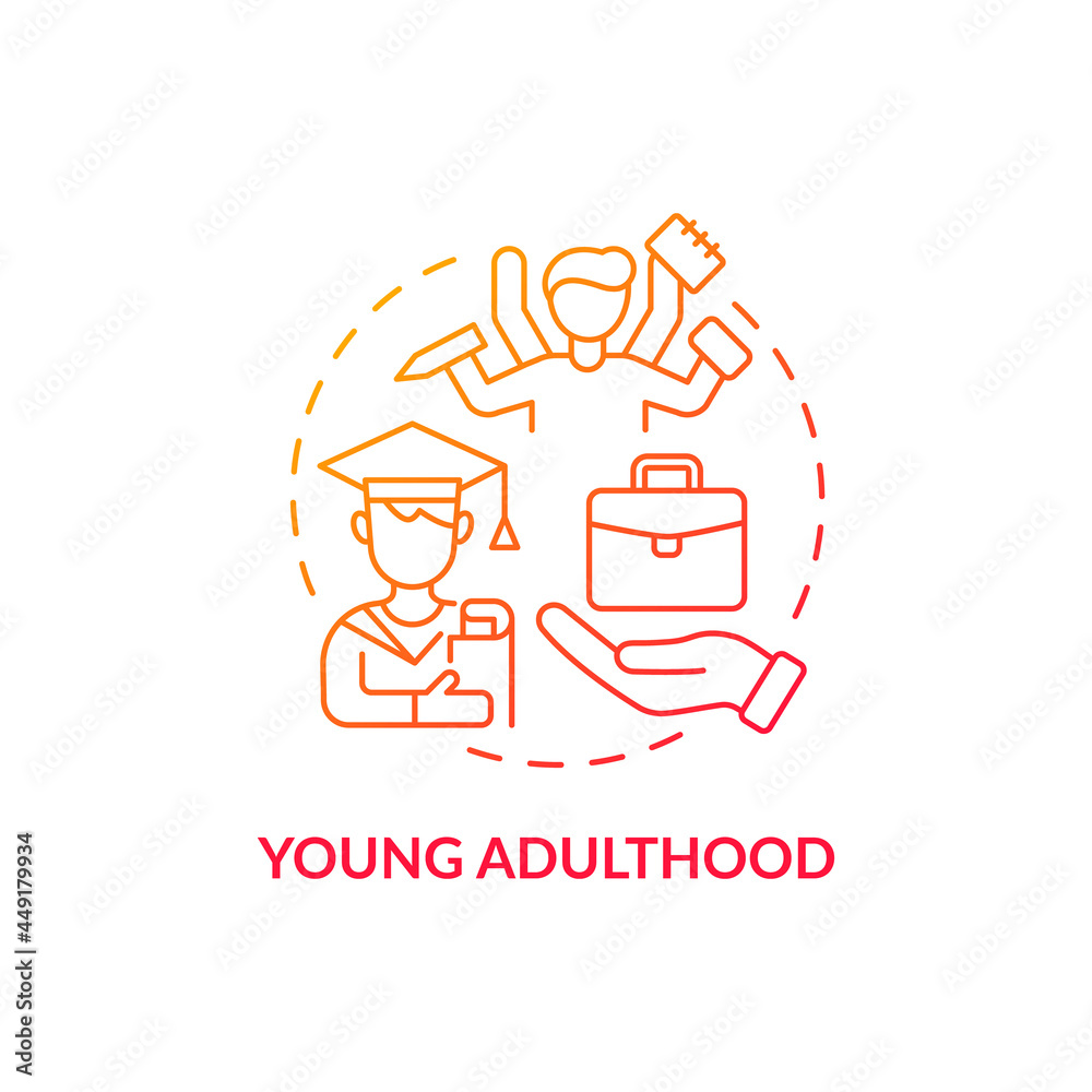 Young adulthood red concept icon. Self-research and human development ...