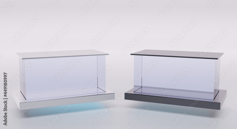 Glass boxes with lids on white and black stand, aquarium or terrarium ...