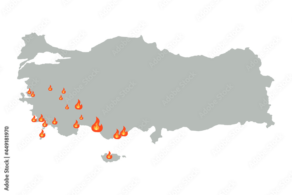 Turkey on Fire - vector line map and coat of arms in flames. Forest ...