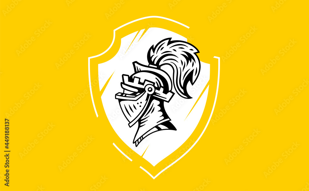 Vector logo knight head in helmet with feathers on the shield. Line art ...
