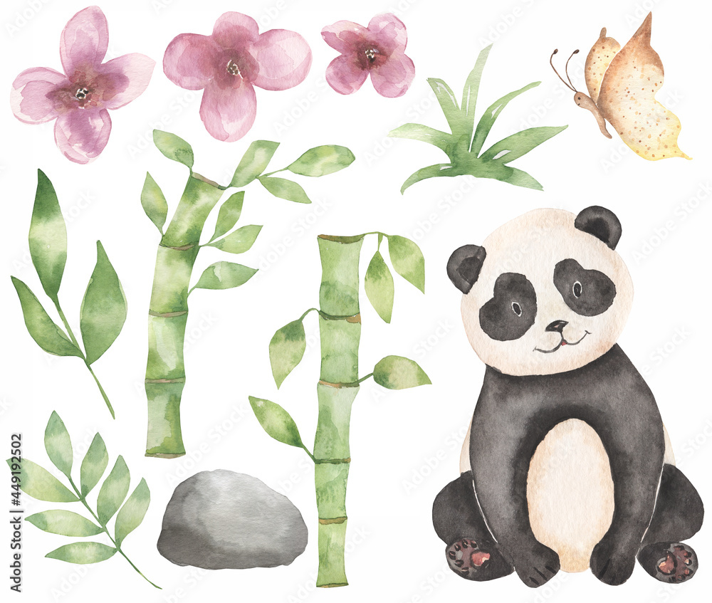 Watercolor Baby Panda clipart. Safari animal, bamboo bouquet, tropical ...