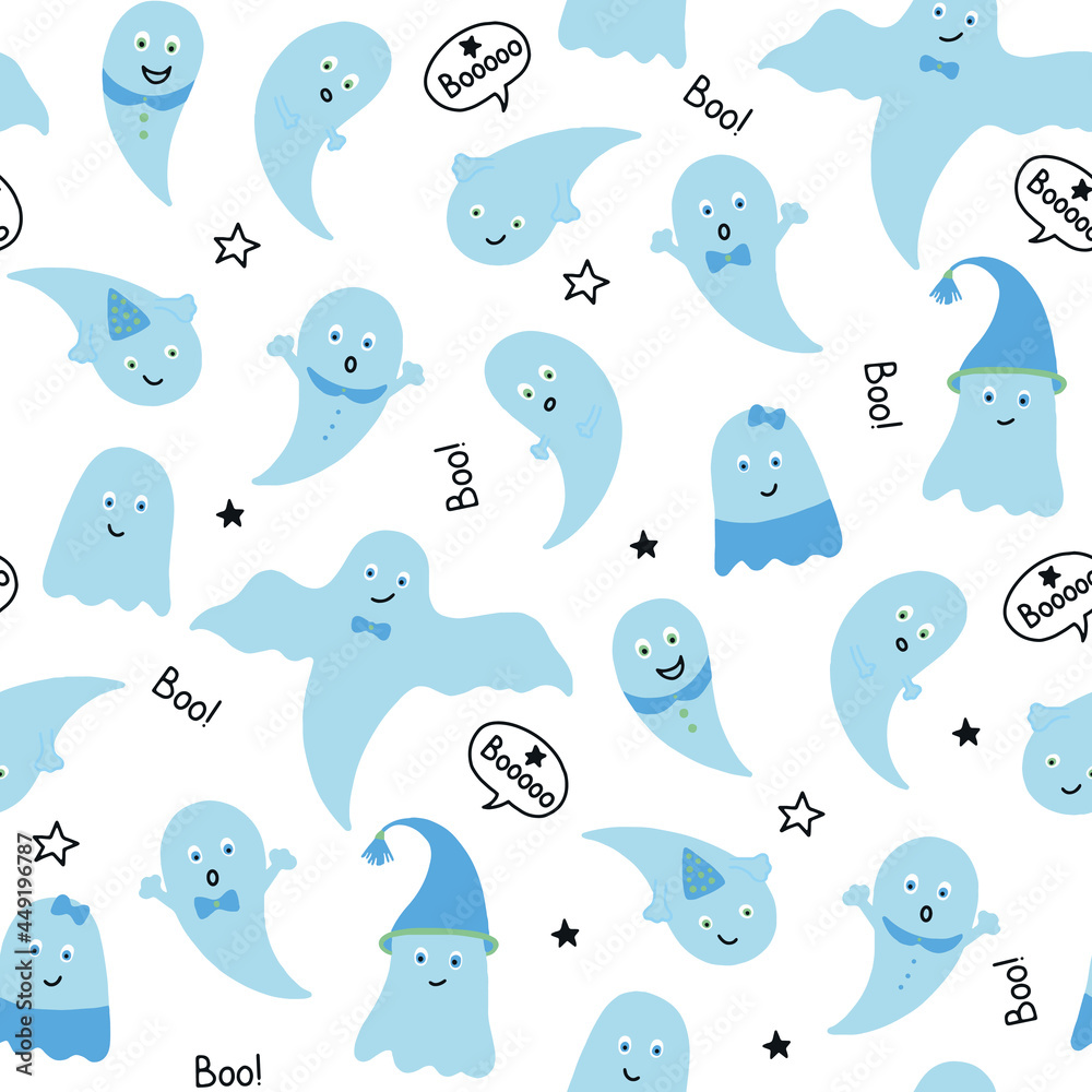 Cute blue ghosts on an white background. Illustration of a happy ...