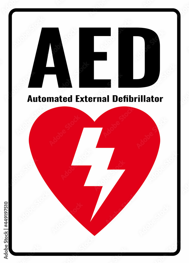 AED sign. White background warning label. Automated External ...