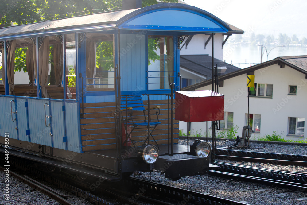 Close-up of wooden wagon of cog wheel railway steam train of Brienz ...