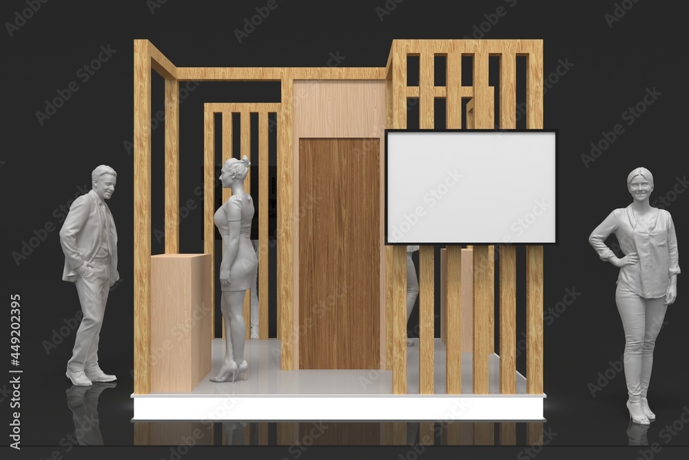 3d illustration stand booth 3x3m wood texture decoration with blank LED ...