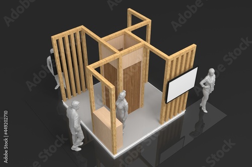 3d illustration stand booth 3x3m wood texture decoration with blank LED ...