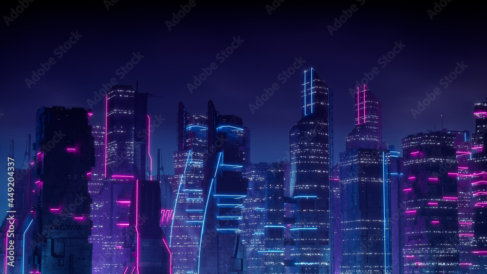 Cyberpunk City Skyline with Blue and Pink Neon lights. Night scene with ...