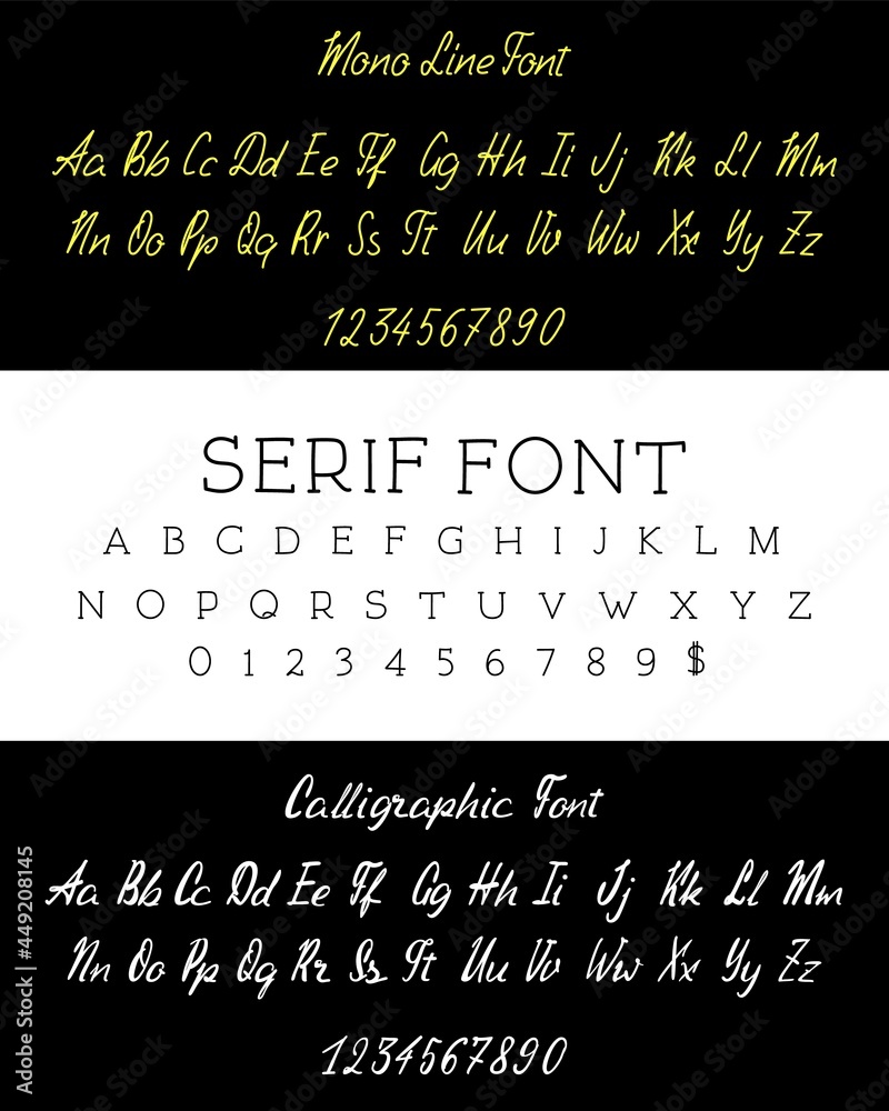 Handmade, calligraphic, linear, and serif typographic fonts set. Stock ...