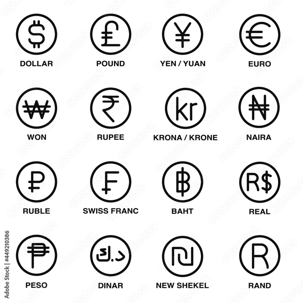Vector flat and simple style illustration set of black world currencies ...