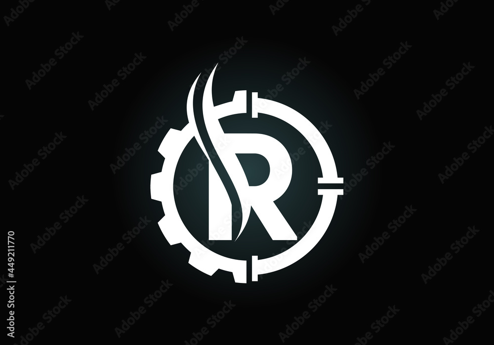 Initial R monogram alphabet with gear pipe and flame. Oil and gas logo ...