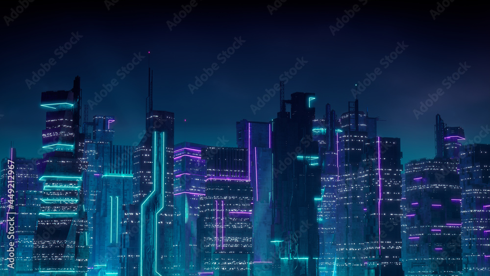 Cyberpunk Metropolis with Purple and Cyan Neon lights. Night scene with ...