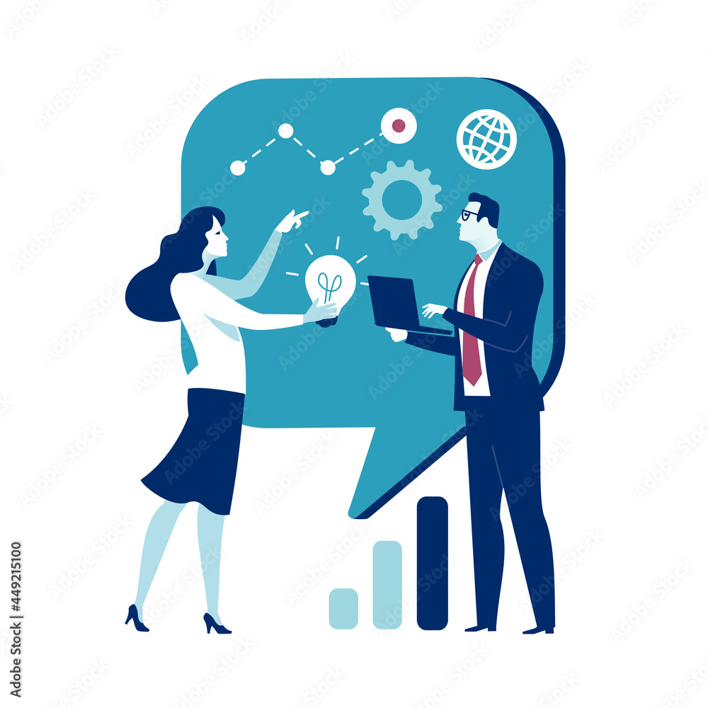 Innovation. Creativity. Manager explains his idea to co-worker ...