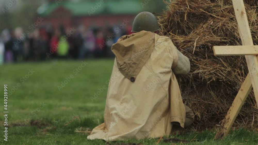 Ambush. Red Army soviet soldier is on defensive before offensive attack ...