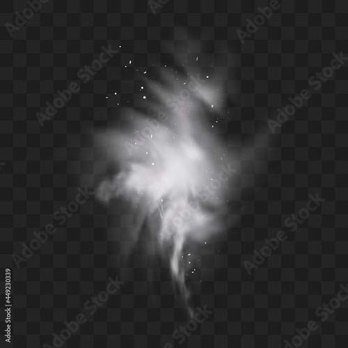 White snow explosion with particles and snowflakes splash isolated on ...